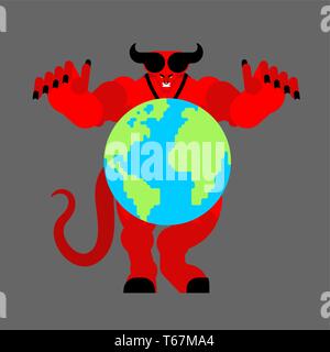 Earth in hands of demon. Devil holds planet. beginning of apocalypse ...