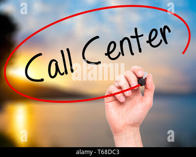 Man Hand writing Call Center with black marker on visual screen ...