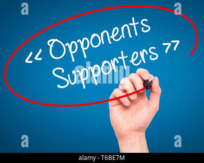Man Hand writing Opponents - Supporters with black marker on visual ...