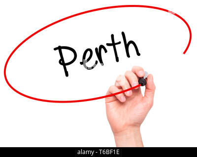 Man Hand writing Perth with black marker on visual screen. Isolated on ...