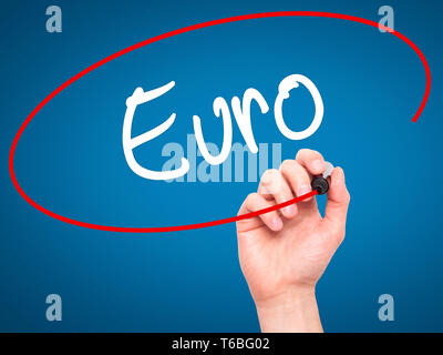 Man Hand writing Euro with black marker on visual screen. Isolated on ...