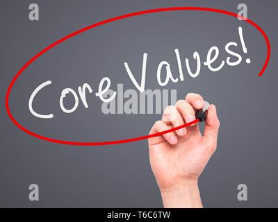 Man Hand writing Core Values with marker on transparent wipe board ...
