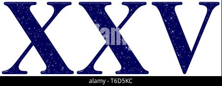 Roman numeral 25, twenty five, star sky texture imitation, reflected on ...