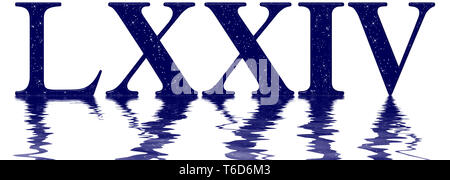 Numeral 74, seventy four, reflected on the water surface, isolated on ...