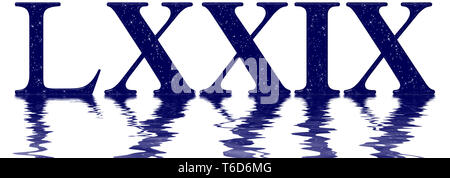 Numeral 79, seventy nine, reflected on the water surface, isolated on ...