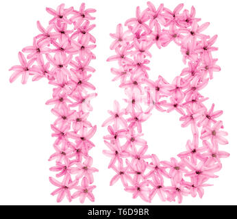 Numeral 18, eighteen, from natural red flowers of periwinkle, isolated ...