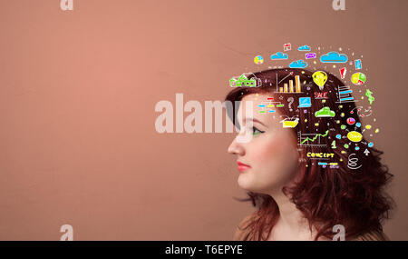 Head with office operation concept, colorful graphs, charts and icons ...