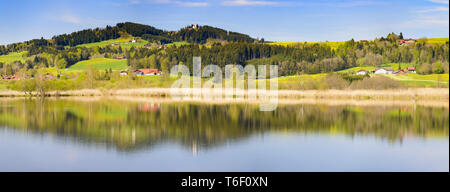 panoramic scene with lake Forggensee and alps mountain range in Bavaria ...