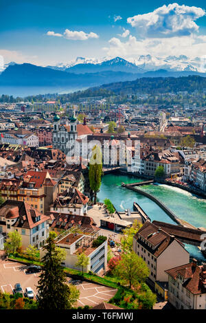 View over Lucerne with Kapell bridge, taken from Museggmauer Stock ...
