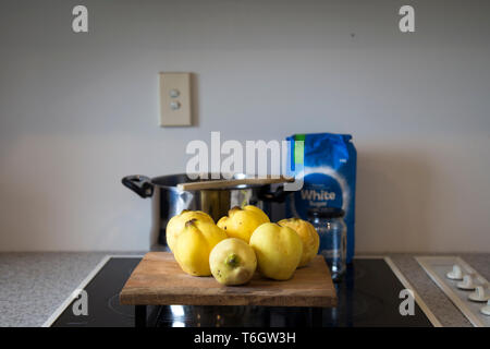 Big quince on wooden board closeup macro vertical Stock Photo - Alamy