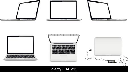 Set of laptops in different positions. Laptop with blank screen ...