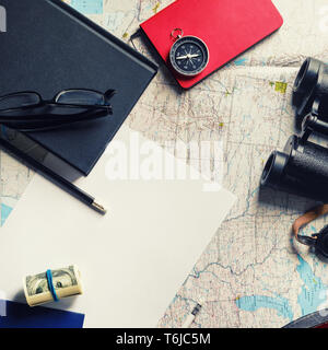 Travel stationery set. Overhead view of traveler accessories. Tourism ...