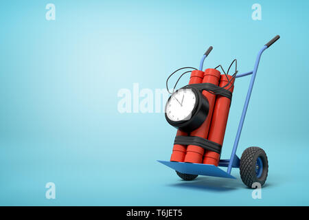 3d rendering of big dynamite bundle with time bomb on blue hand truck ...