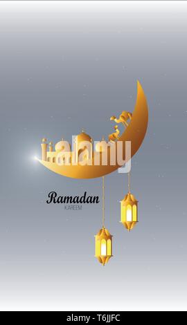Beautiful Islamic celebration background with glowing hanging lanterns ...