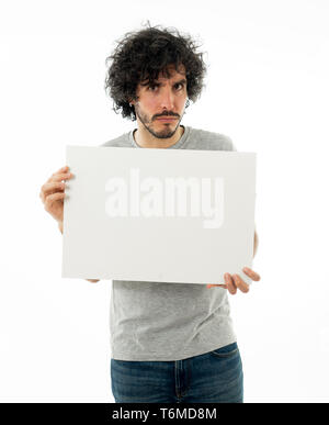 Funny surprised millennial caucasian man with stubble in white t-shirt ...