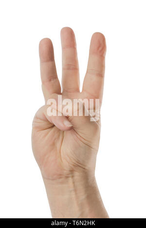Counting and showing three 3 fingers, hand sign isolated on white ...