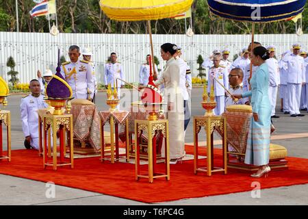 Thailand's Queen Suthida and Princess Bajrakitiyabha (behind) attend the annual ploughing ...