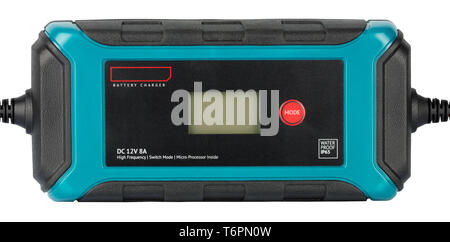 High frequency automotive charger of turquoise color, isolated on white ...