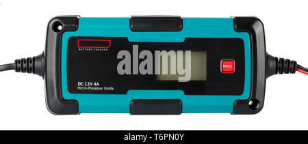 High frequency automotive charger of turquoise color, isolated on white ...