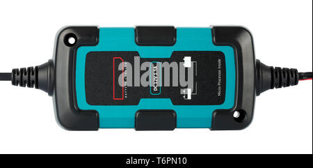 High frequency automotive charger of turquoise color, isolated on white ...