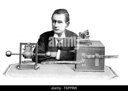 Guglielmo Marconi demonstrating apparatus he used in his first long ...