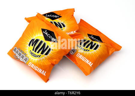 Packet of Jacob's Cheddars, baked Cheddars cheese biscuits, opened to ...