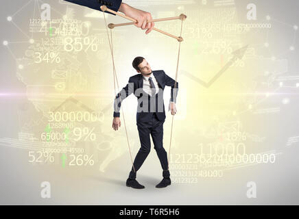 Subordinated puppet man with results numbers and financial concept ...