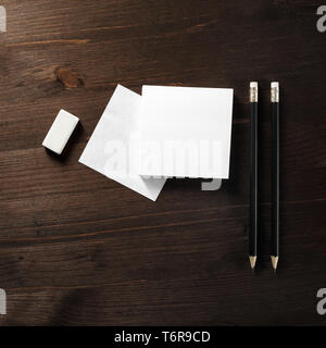 Flat lay of pencils, memo notes, sharpener and erasers with copy space ...