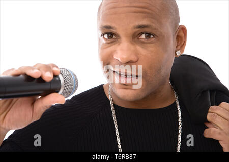 African-american male singer portrait isolated on gradient studio ...
