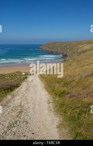 Coast path to Penhale sands beach Perranporth North Cornwall England UK ...