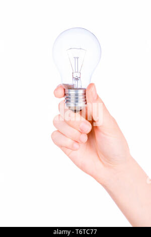 Female hand with light bulb on pink background Stock Photo - Alamy