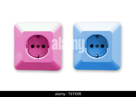 Pink and blue electric sockets on white background Stock Photo - Alamy