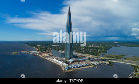 Aerial view of the modern lakhta center skyscraper amidst a beautiful ...