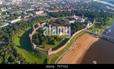Aerial view of novgorod kremlin with historic architecture and river ...