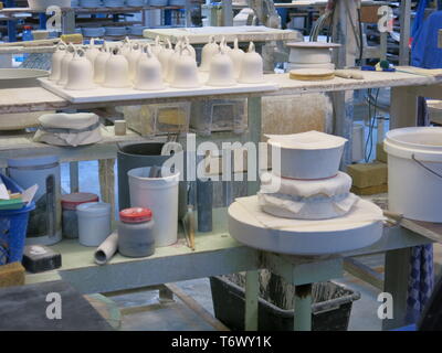Interior view at the Royal Delft factory of the factory floor with the ...