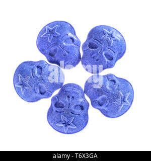 Five blue army Skull, Ecstasy, MDMA, Amphetamine or medication pills ...