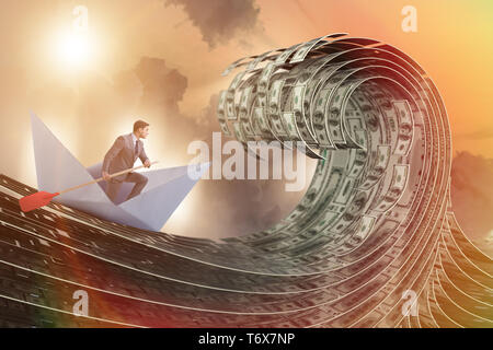 Businessman riding paper boat in dollar sea Stock Photo - Alamy