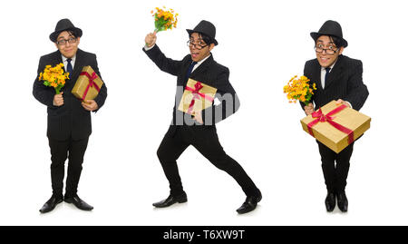 Funny man with flowers and giftbox Stock Photo - Alamy