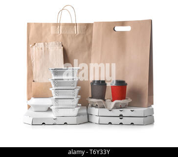 Different types of packages on white background. Food delivery service ...