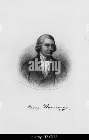 An engraving from a portrait of Benjamin Harrison V, he was the fifth ...