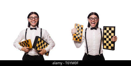 Nerd chess player isolated on white Stock Photo - Alamy