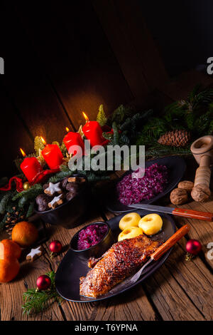 classic and crispy roasted duck with cabbage and dumplings Stock Photo ...