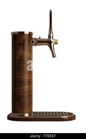 A concept wooden draught beer tap with brass fittings on an isolated ...