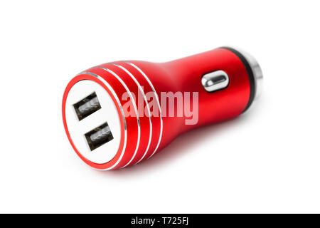 Dual socket car lighter charger with two usb ports on white background ...