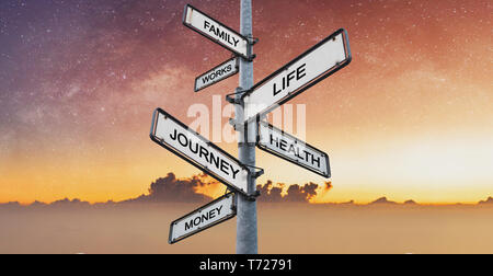 Life balance choices signpost, with sunrise sky backgrounds Stock Photo ...