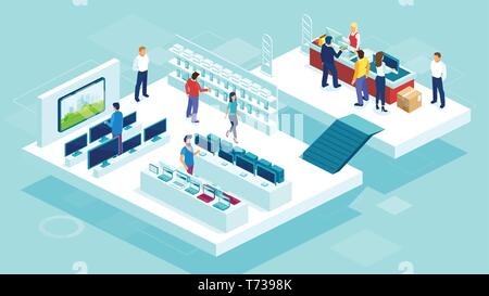 Consumer electronics store interior isometric background with small and ...