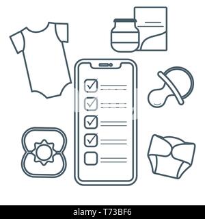 Vector illustration with smartphone with checklist, newborn baby ...