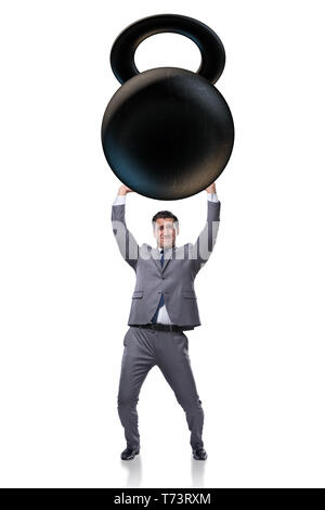 Exhausted man lifting a dumbbell isolated on white background Stock ...