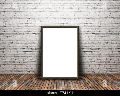 3D render of a picture frame leaning on a table against an old brick ...