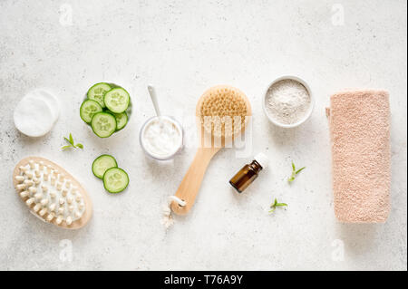 Natural Spa with cucumber and yogurt, copy space, flat lay. Organic spa ...